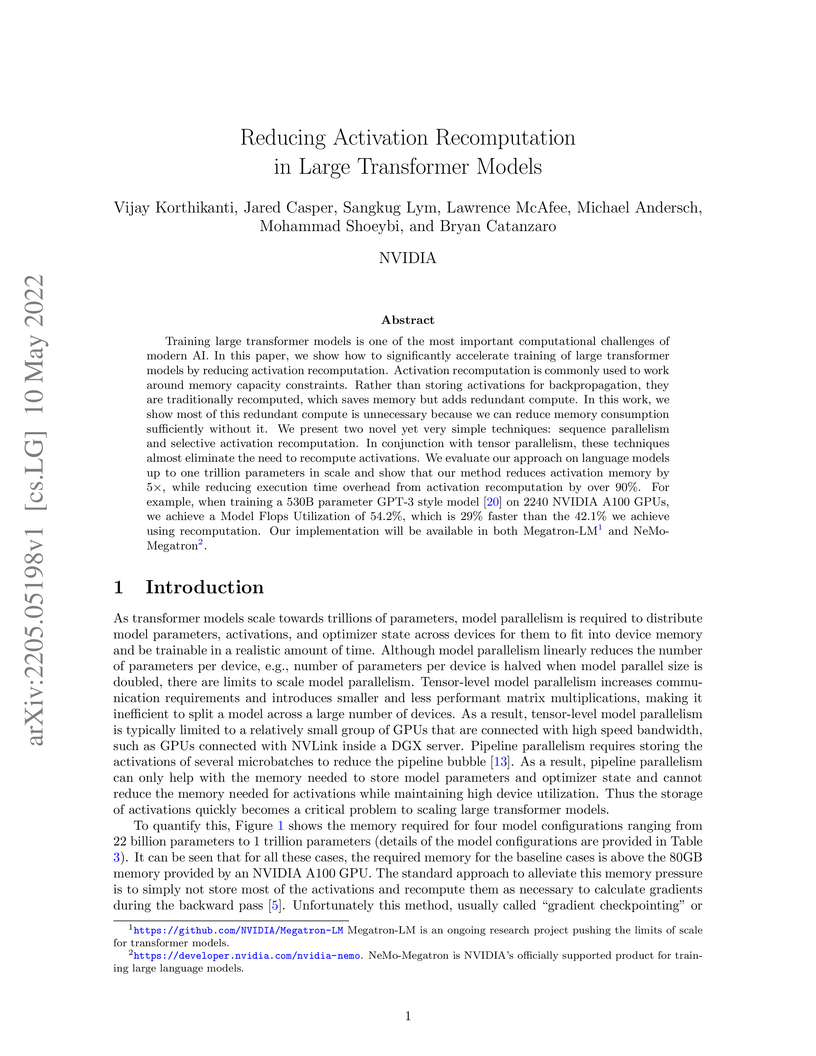 Reducing Activation Recomputation In Large Transformer Models Alphaxiv