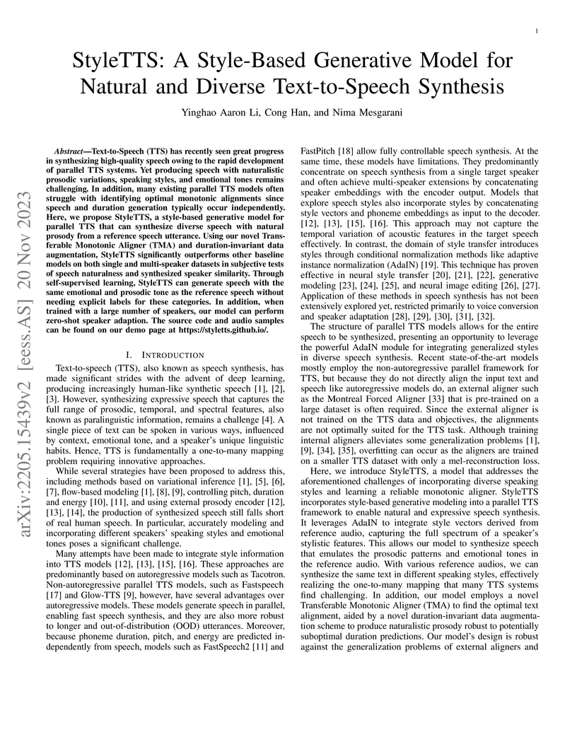 StyleTTS: A Style-Based Generative Model for Natural and Diverse Text-to-Speech Synthesis | alphaXiv