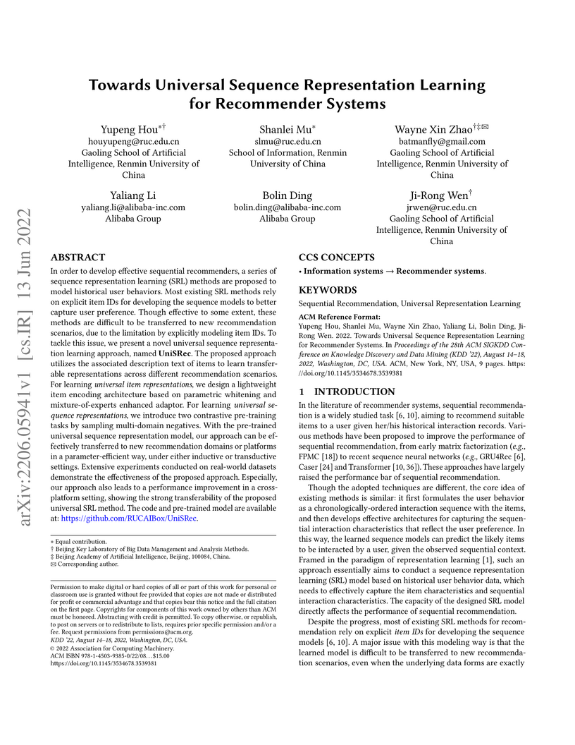 Towards Universal Sequence Representation Learning for Recommender Systems | alphaXiv