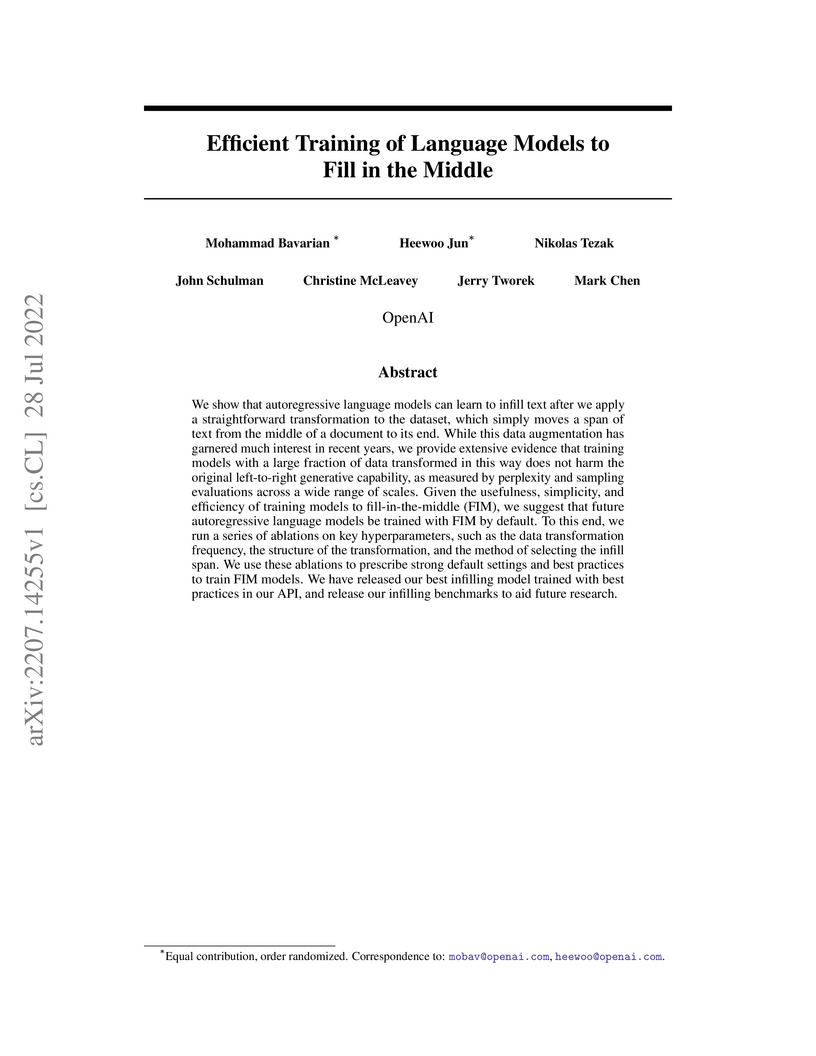 Efficient Training of Language Models to Fill in the Middle | alphaXiv