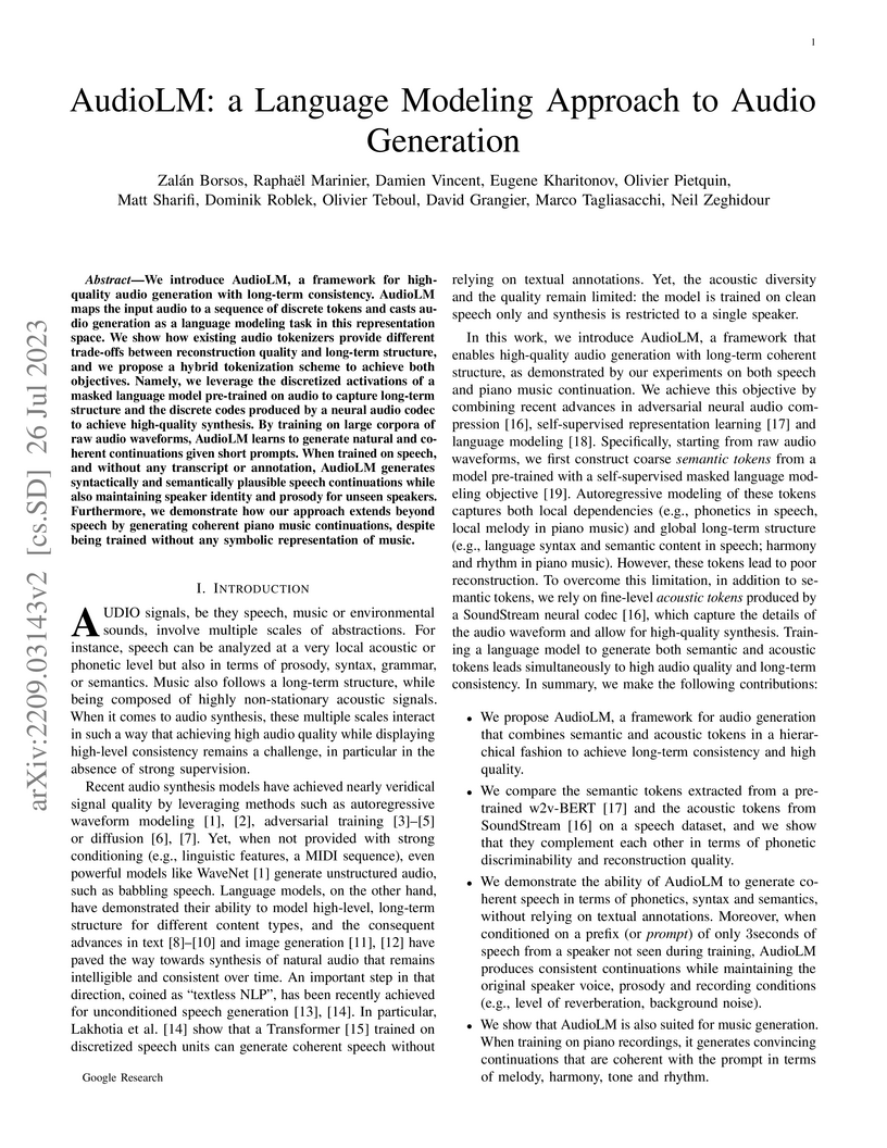 AudioLM: a Language Modeling Approach to Audio Generation | alphaXiv