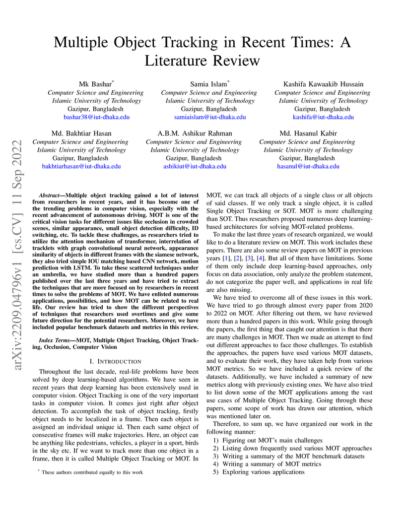 Multiple Object Tracking in Recent Times: A Literature Review | alphaXiv