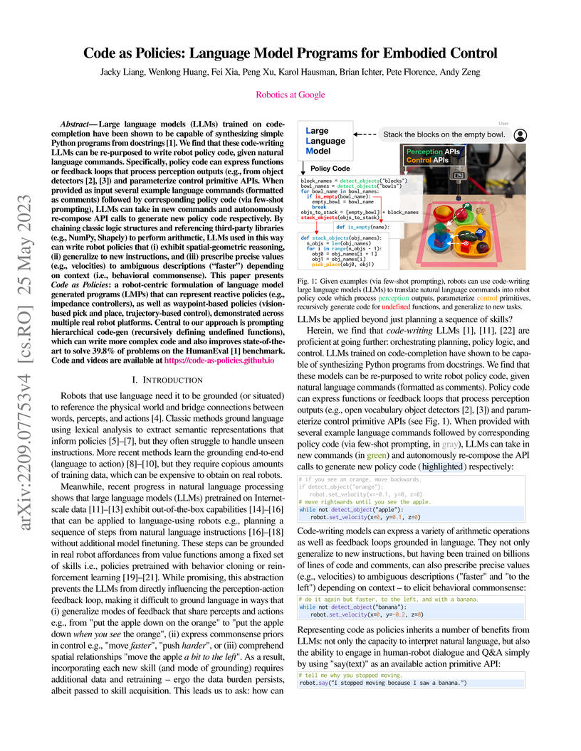 Code as Policies: Language Model Programs for Embodied Control | alphaXiv