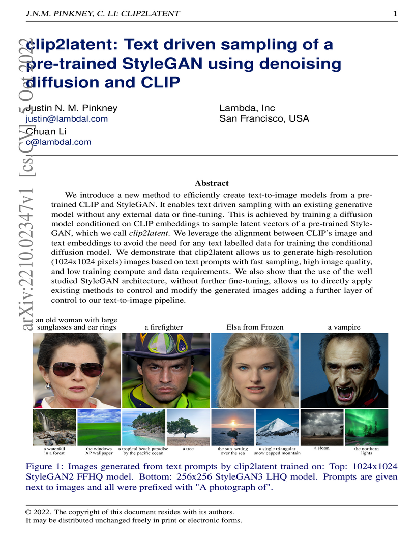 clip2latent: Text driven sampling of a pre-trained StyleGAN using denoising diffusion and CLIP ...