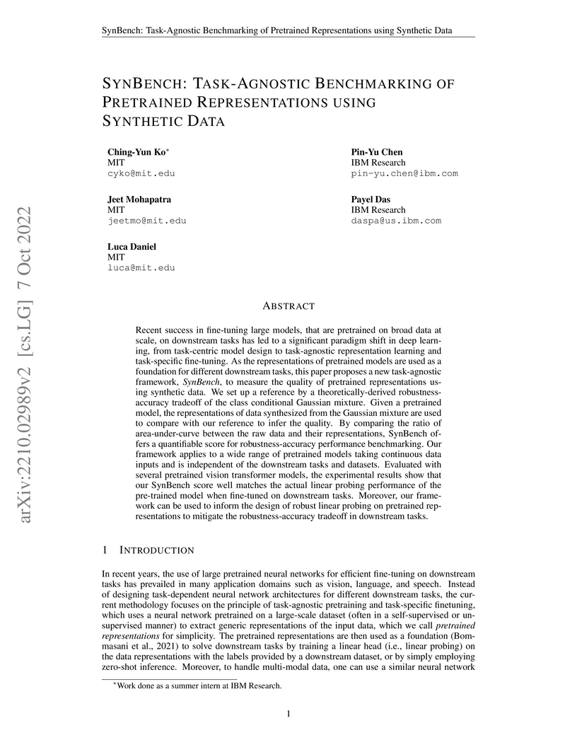 SynBench: Task-Agnostic Benchmarking of Pretrained Representations using Synthetic Data | alphaXiv