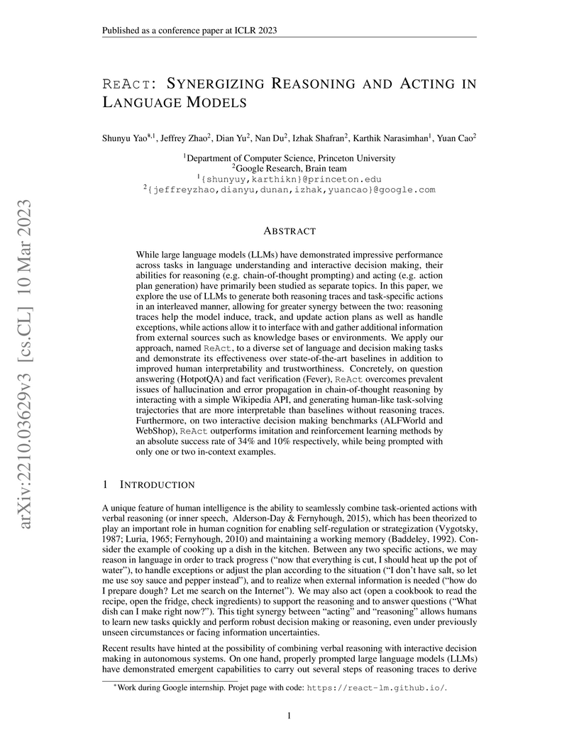 ReAct: Synergizing Reasoning and Acting in Language Models | alphaXiv