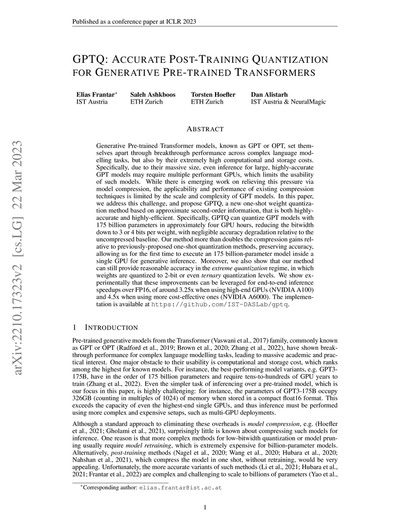 GPTQ: Accurate Post-Training Quantization for Generative Pre-trained Transformers | alphaXiv