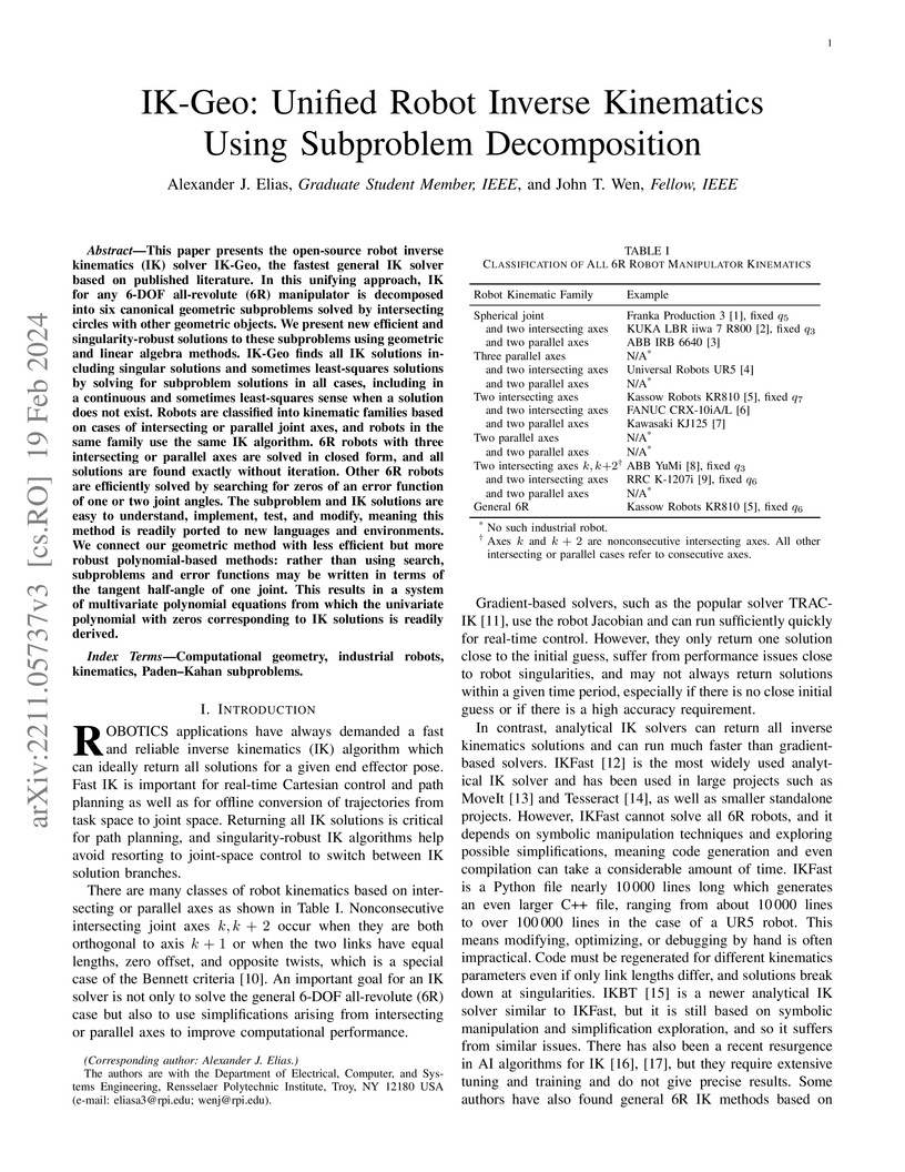IK-Geo: Unified Robot Inverse Kinematics Using Subproblem Decomposition | alphaXiv
