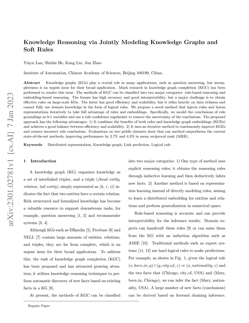 Knowledge Reasoning via Jointly Modeling Knowledge Graphs and Soft Rules | alphaXiv