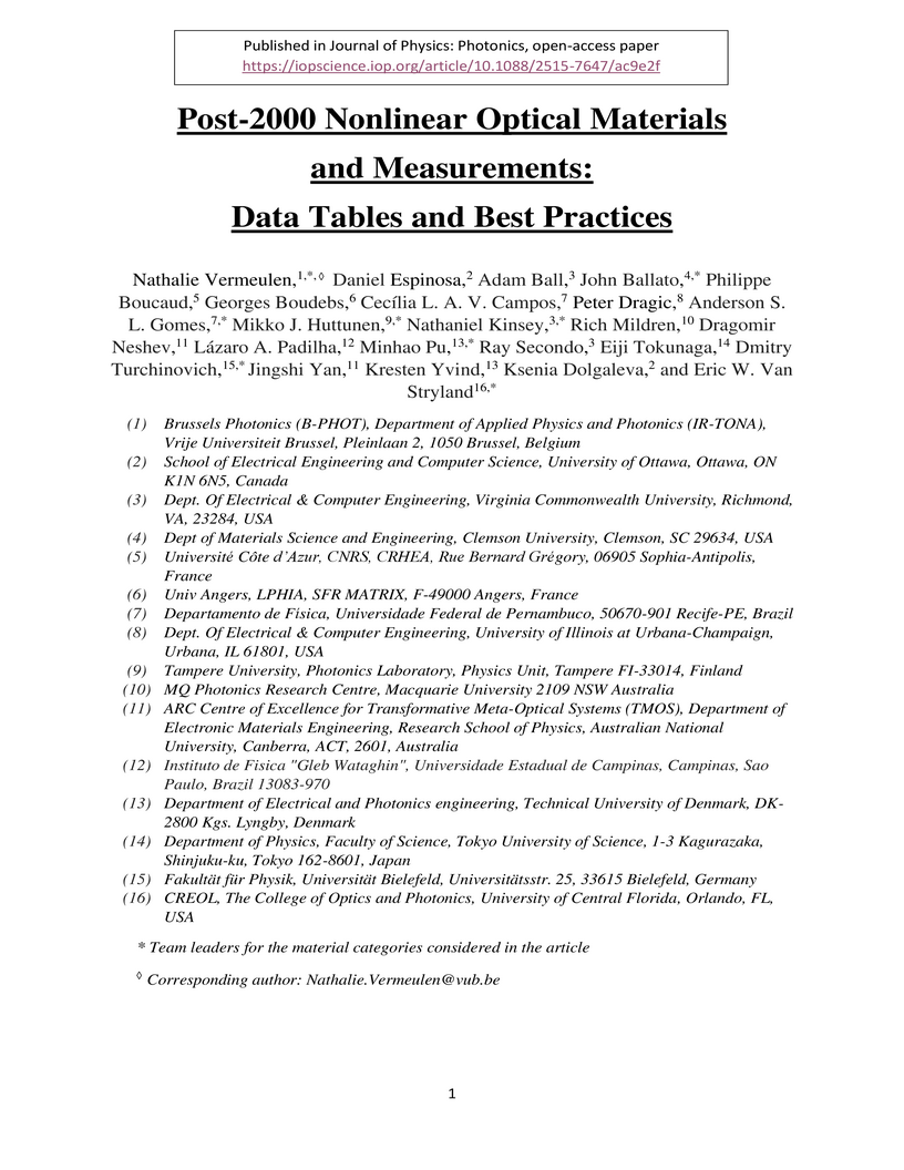 Post-2000 Nonlinear Optical Materials and Measurements: Data Tables and ...