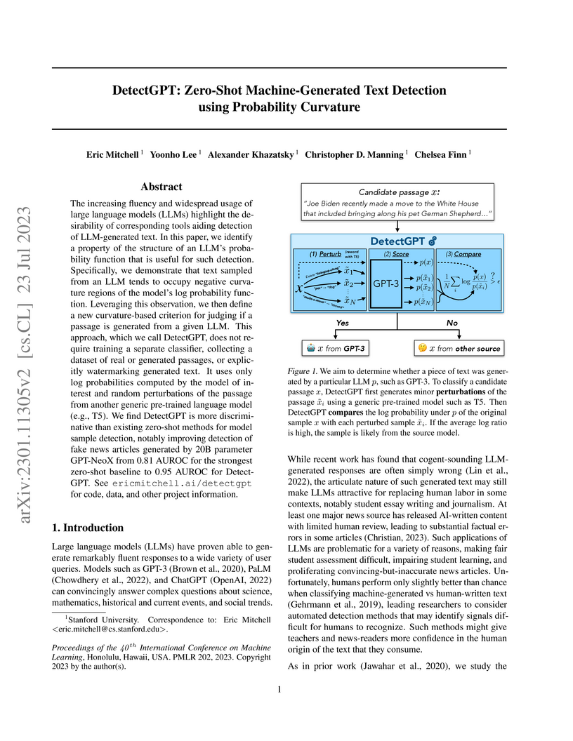 DetectGPT: Zero-Shot Machine-Generated Text Detection using Probability Curvature | alphaXiv
