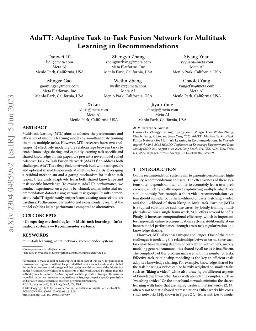 AdaTT: Adaptive Task-to-Task Fusion Network for Multitask Learning in Recommendations | alphaXiv