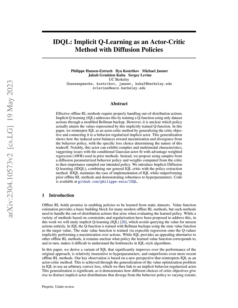 IDQL: Implicit Q-Learning as an Actor-Critic Method with Diffusion Policies | alphaXiv