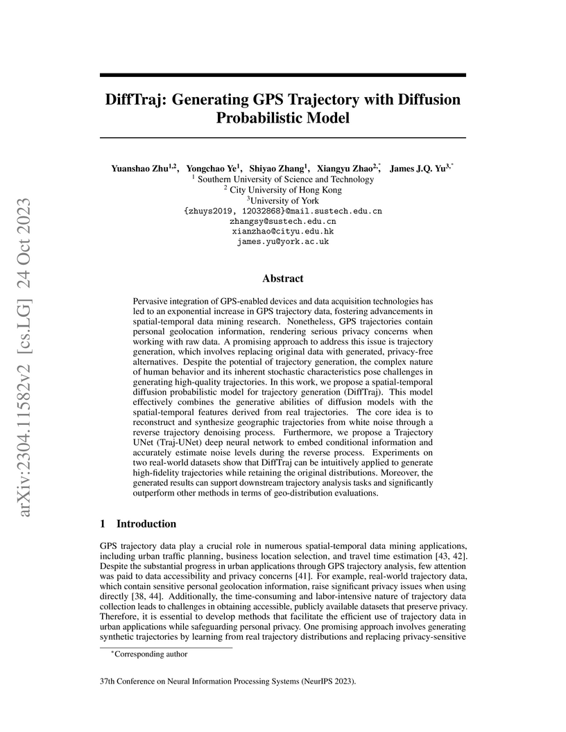 DiffTraj: Generating GPS Trajectory with Diffusion Probabilistic Model | alphaXiv