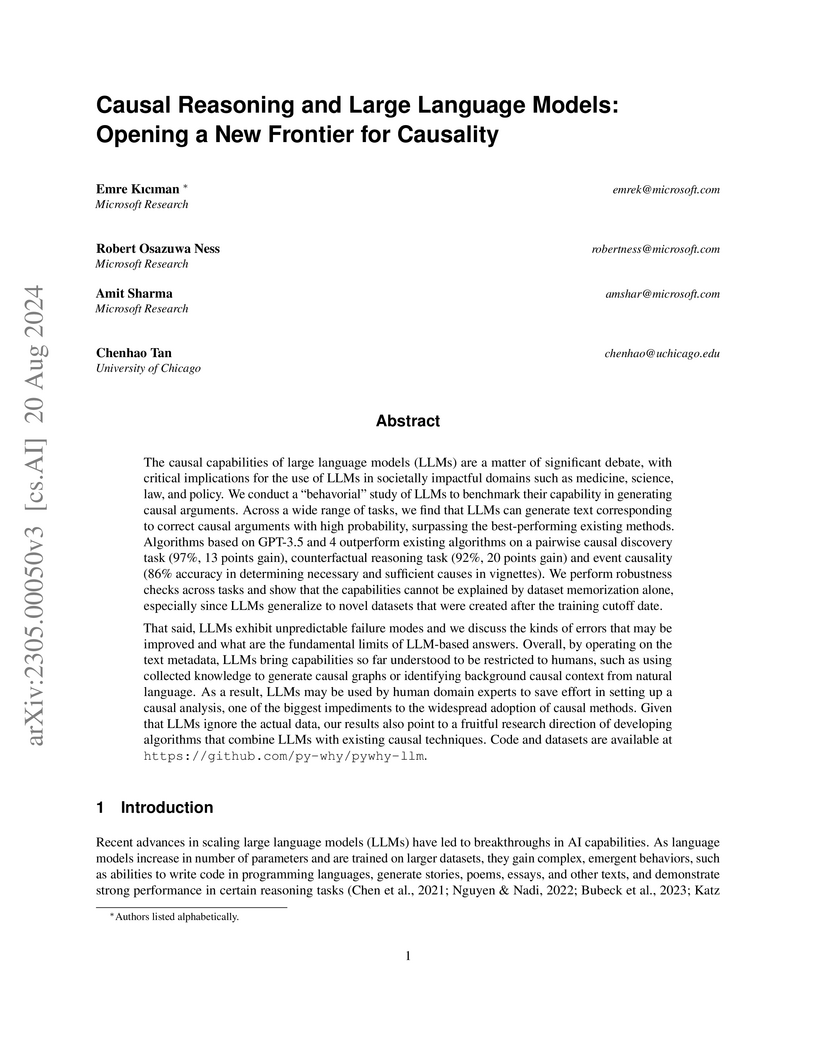 Causal Reasoning and Large Language Models: Opening a New Frontier for Causality | alphaXiv