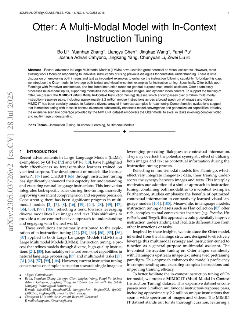 Otter: A Multi-Modal Model with In-Context Instruction Tuning | alphaXiv
