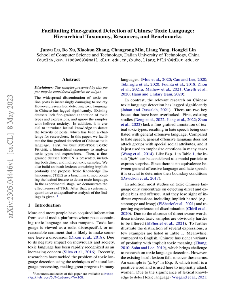 Facilitating Fine-grained Detection of Chinese Toxic Language: Hierarchical Taxonomy, Resources ...