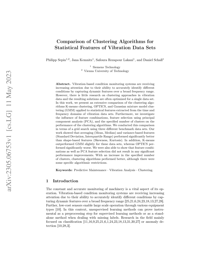 Comparison of Clustering Algorithms for Statistical Features of Vibration Data Sets | alphaXiv
