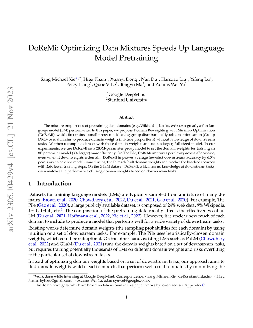 DoReMi: Optimizing Data Mixtures Speeds Up Language Model Pretraining | alphaXiv