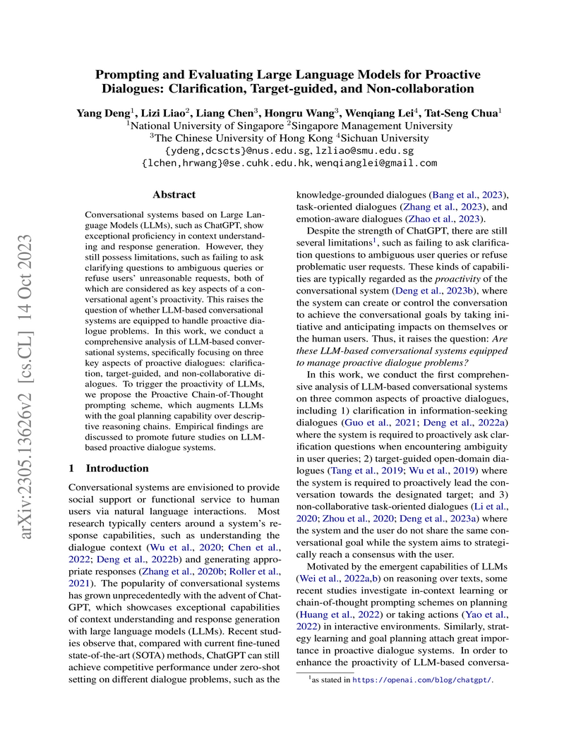 Prompting and Evaluating Large Language Models for Proactive Dialogues: Clarification, Target ...