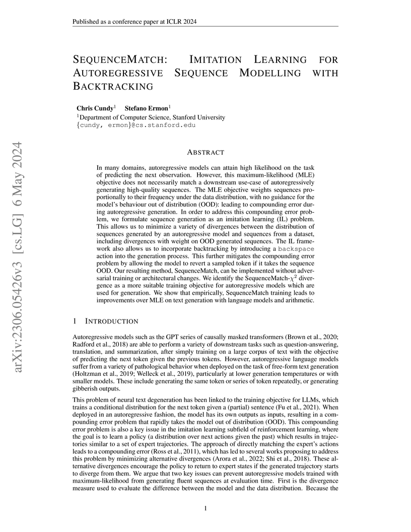 SequenceMatch: Imitation Learning for Autoregressive Sequence Modelling with Backtracking | alphaXiv