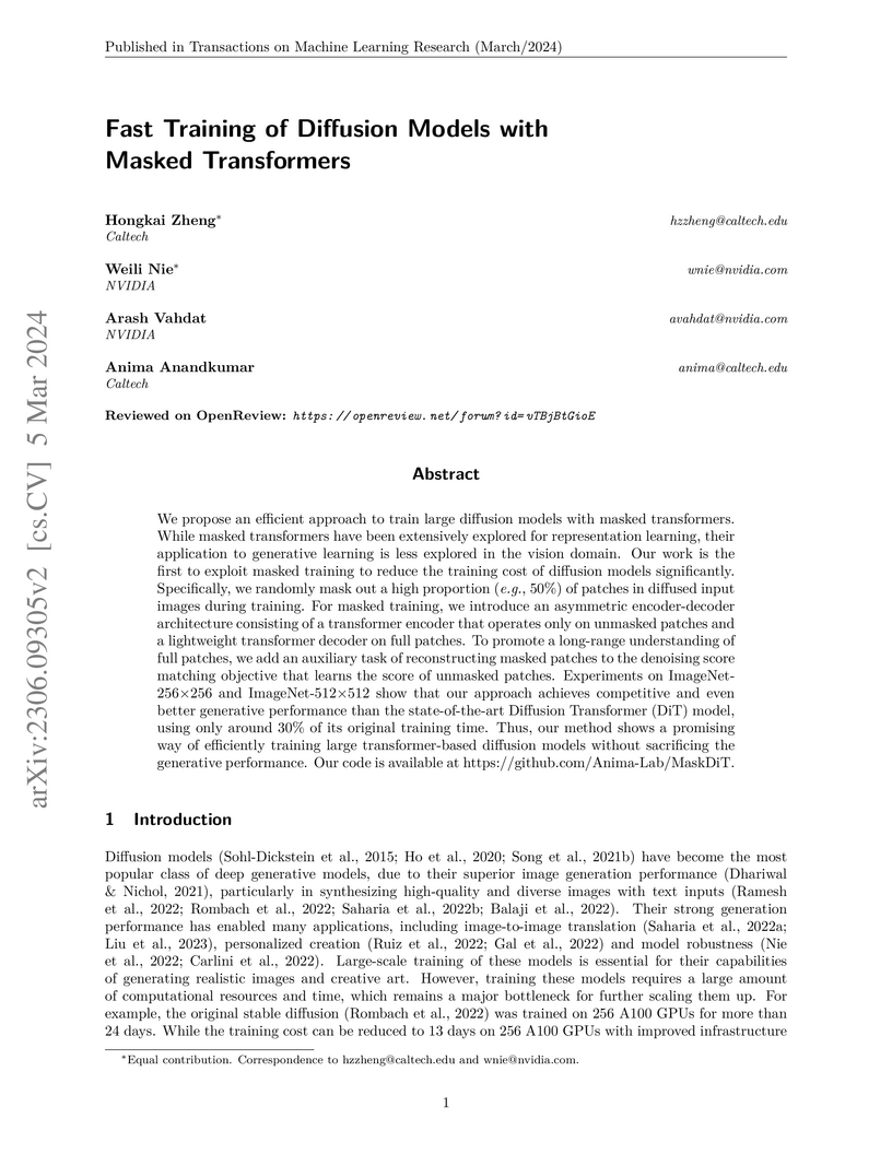 Fast Training of Diffusion Models with Masked Transformers | alphaXiv