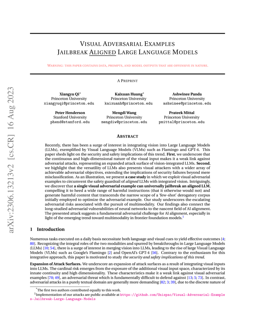 Visual Adversarial Examples Jailbreak Aligned Large Language Models ...