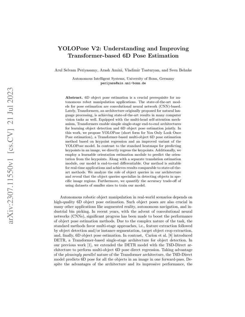 YOLOPose V2: Understanding and Improving Transformer-based 6D Pose Estimation | alphaXiv