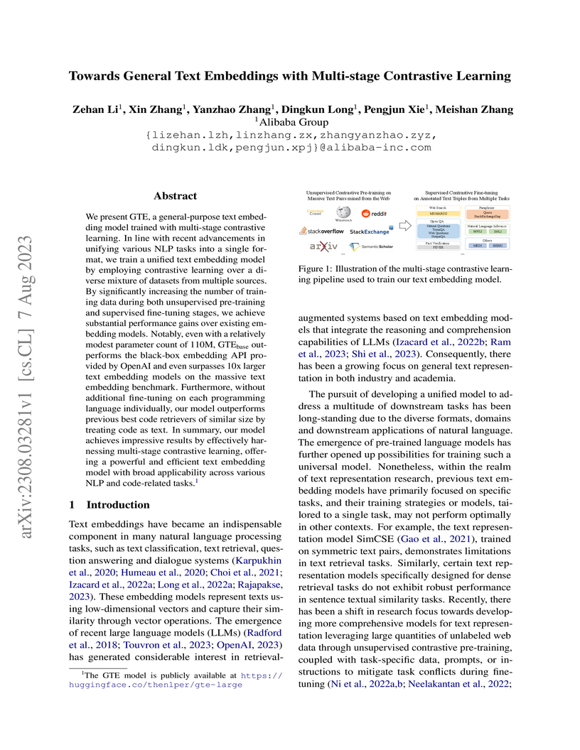 Towards General Text Embeddings with Multi-stage Contrastive Learning | alphaXiv