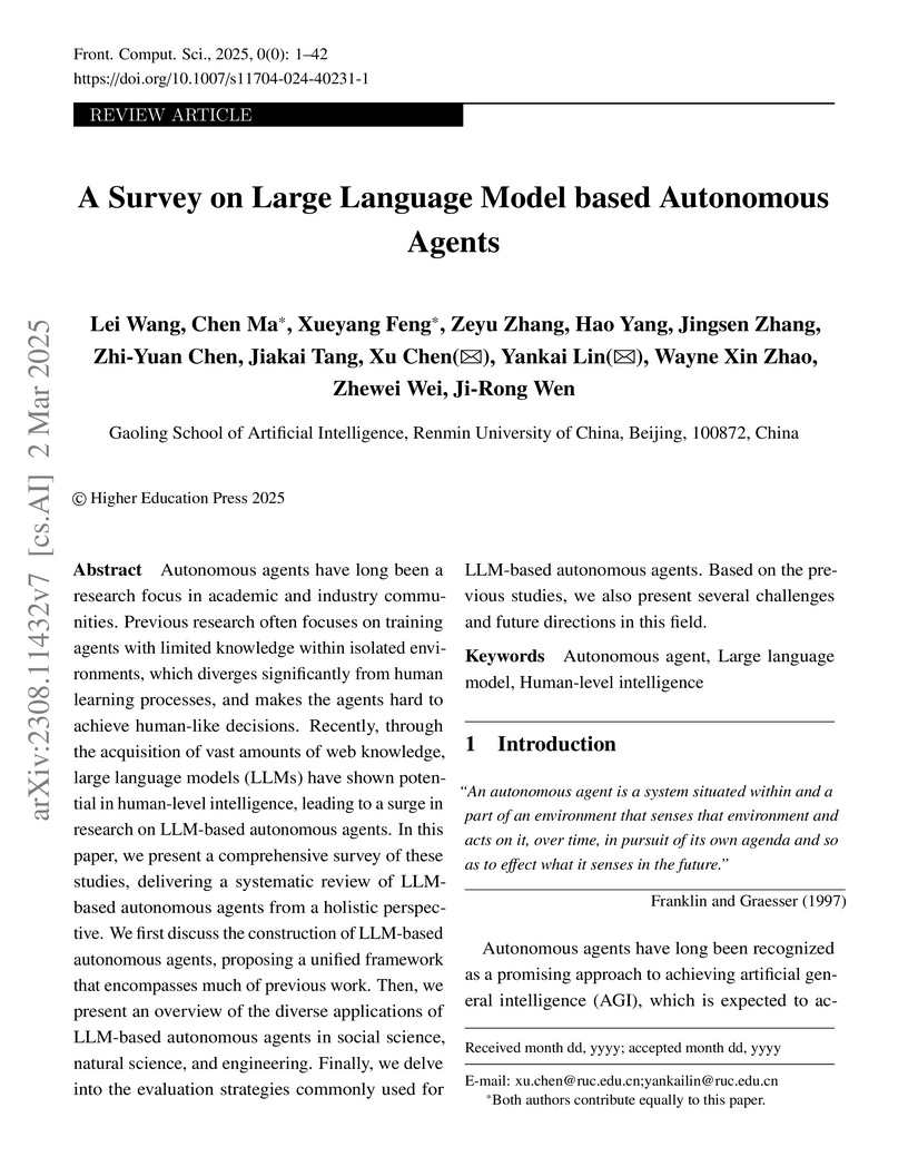 A Survey on Large Language Model based Autonomous Agents | alphaXiv