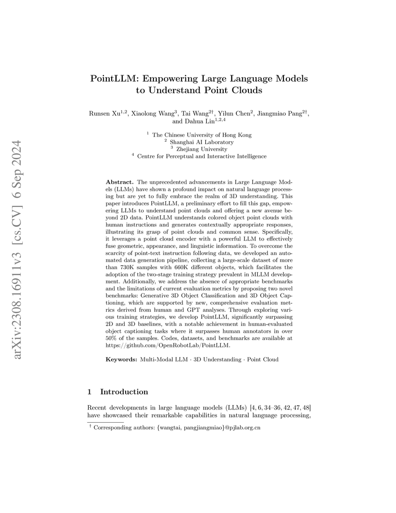 PointLLM: Empowering Large Language Models to Understand Point Clouds | alphaXiv