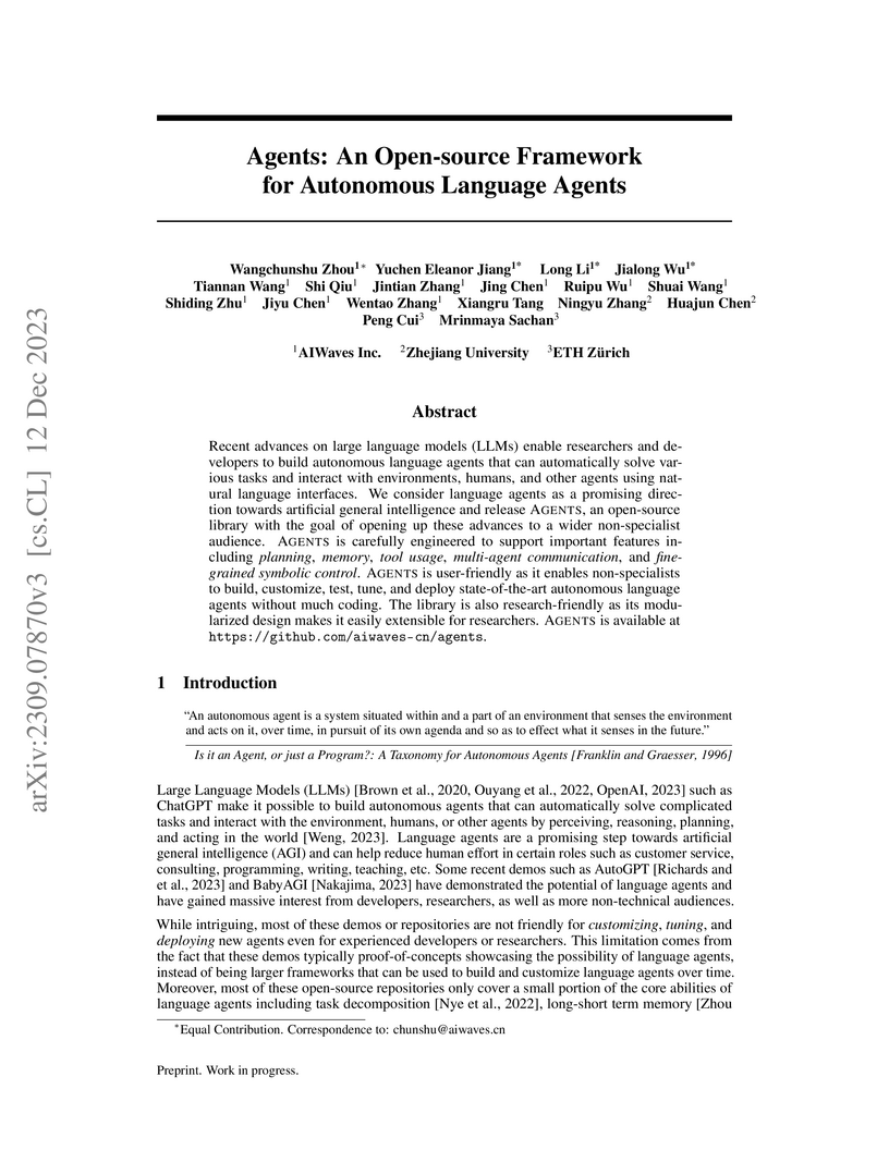 Agents: An Open-source Framework for Autonomous Language Agents | alphaXiv