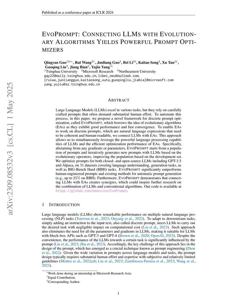 EvoPrompt: Connecting LLMs with Evolutionary Algorithms Yields Powerful Prompt Optimizers | alphaXiv