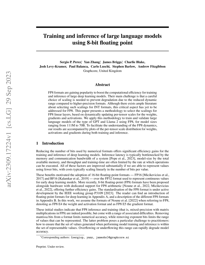 Training and inference of large language models using 8-bit floating point | alphaXiv
