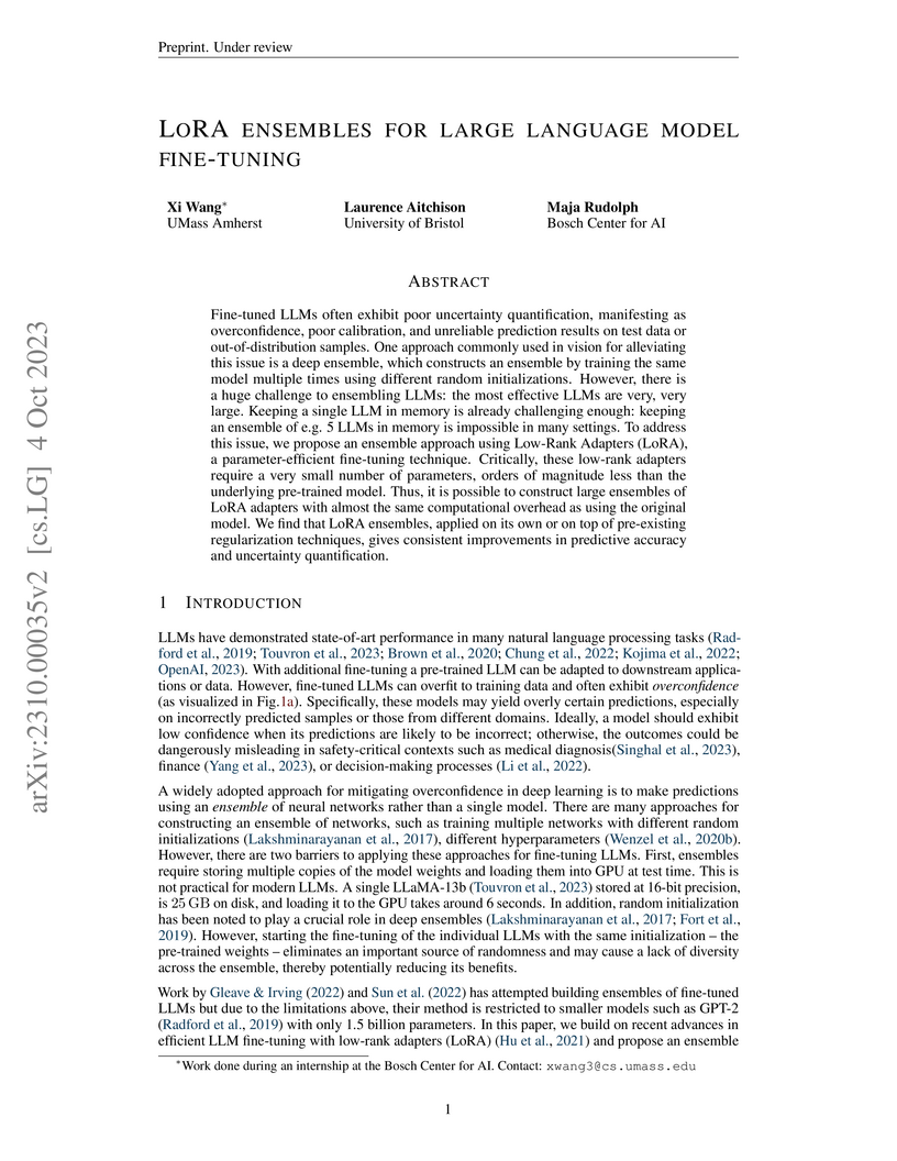 LoRA ensembles for large language model fine-tuning | alphaXiv