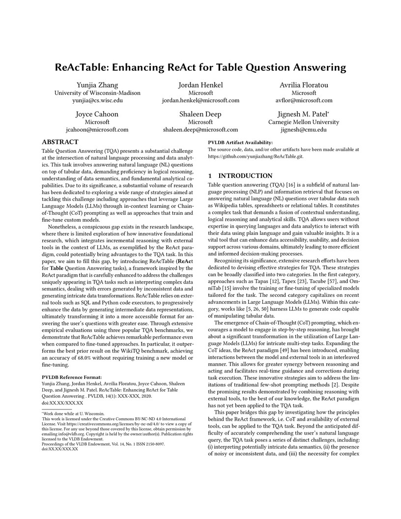 ReAcTable: Enhancing ReAct for Table Question Answering | alphaXiv