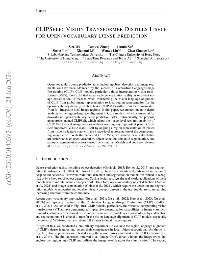 CLIPSelf: Vision Transformer Distills Itself for Open-Vocabulary Dense Prediction | alphaXiv