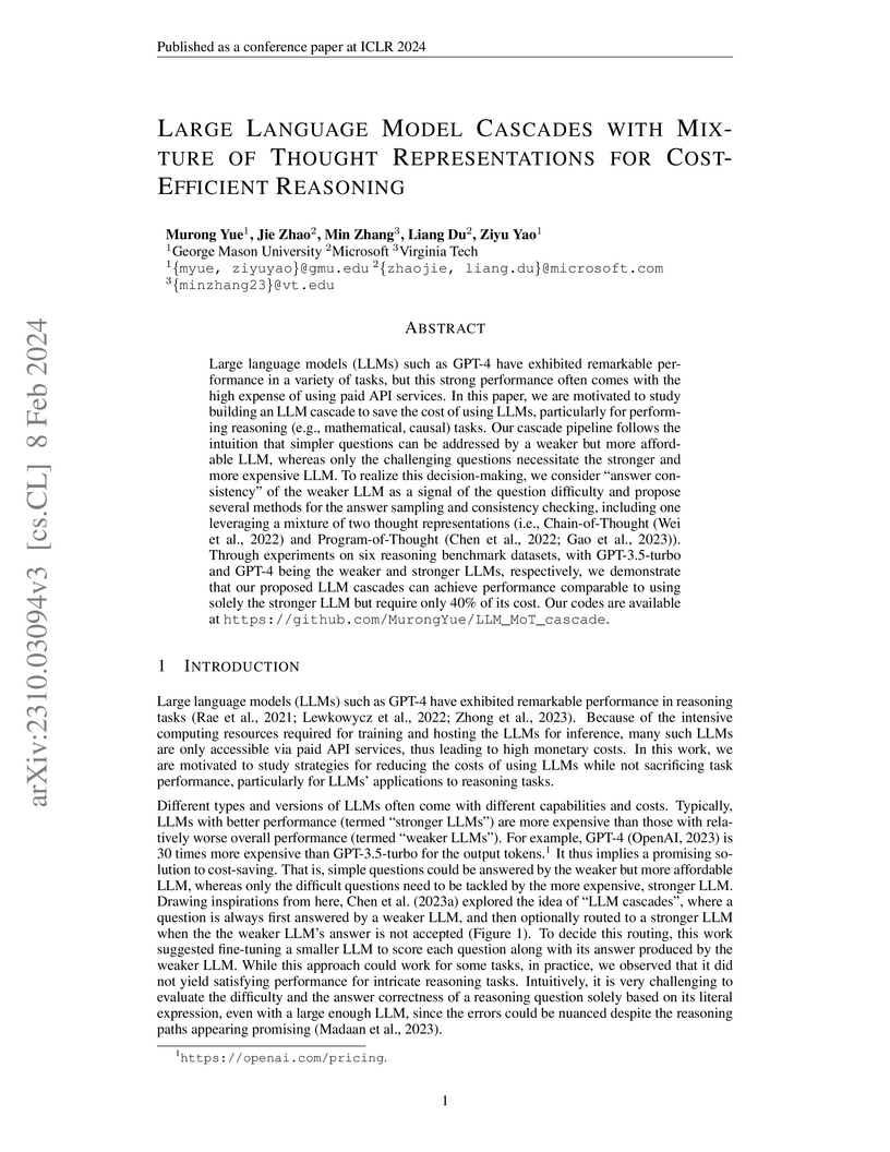 Large Language Model Cascades with Mixture of Thoughts Representations for Cost-efficient ...