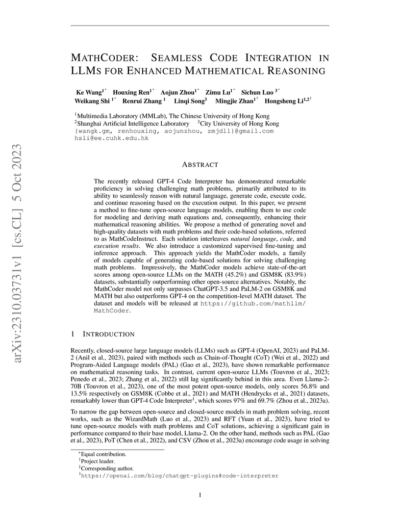 MathCoder: Seamless Code Integration in LLMs for Enhanced Mathematical Reasoning | alphaXiv