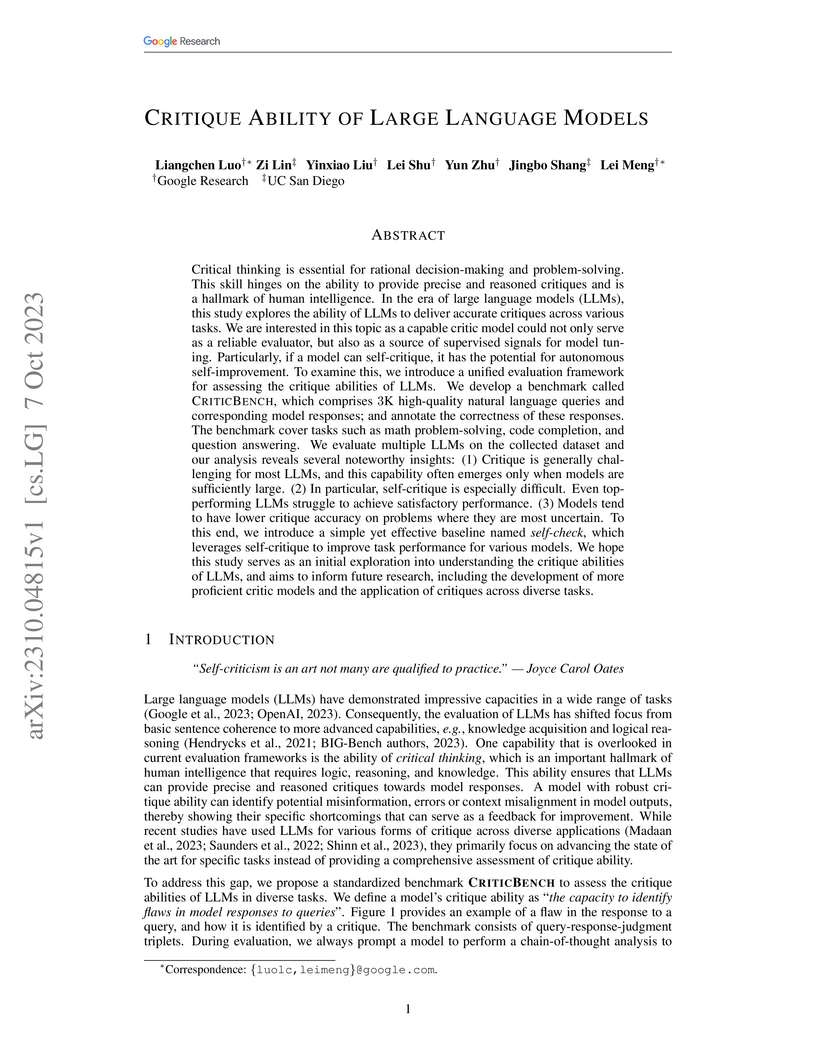 Critique Ability of Large Language Models | alphaXiv
