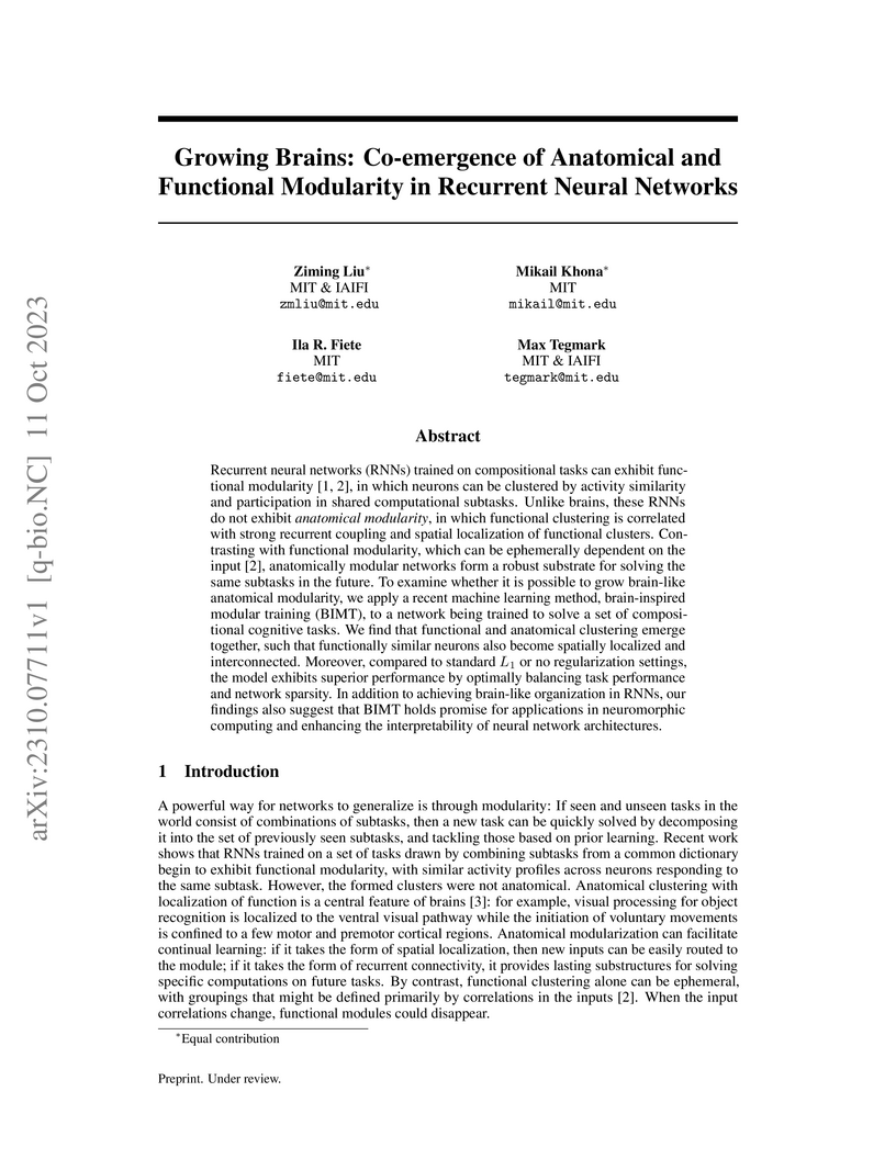 Growing Brains: Co-emergence of Anatomical and Functional Modularity in Recurrent Neural ...