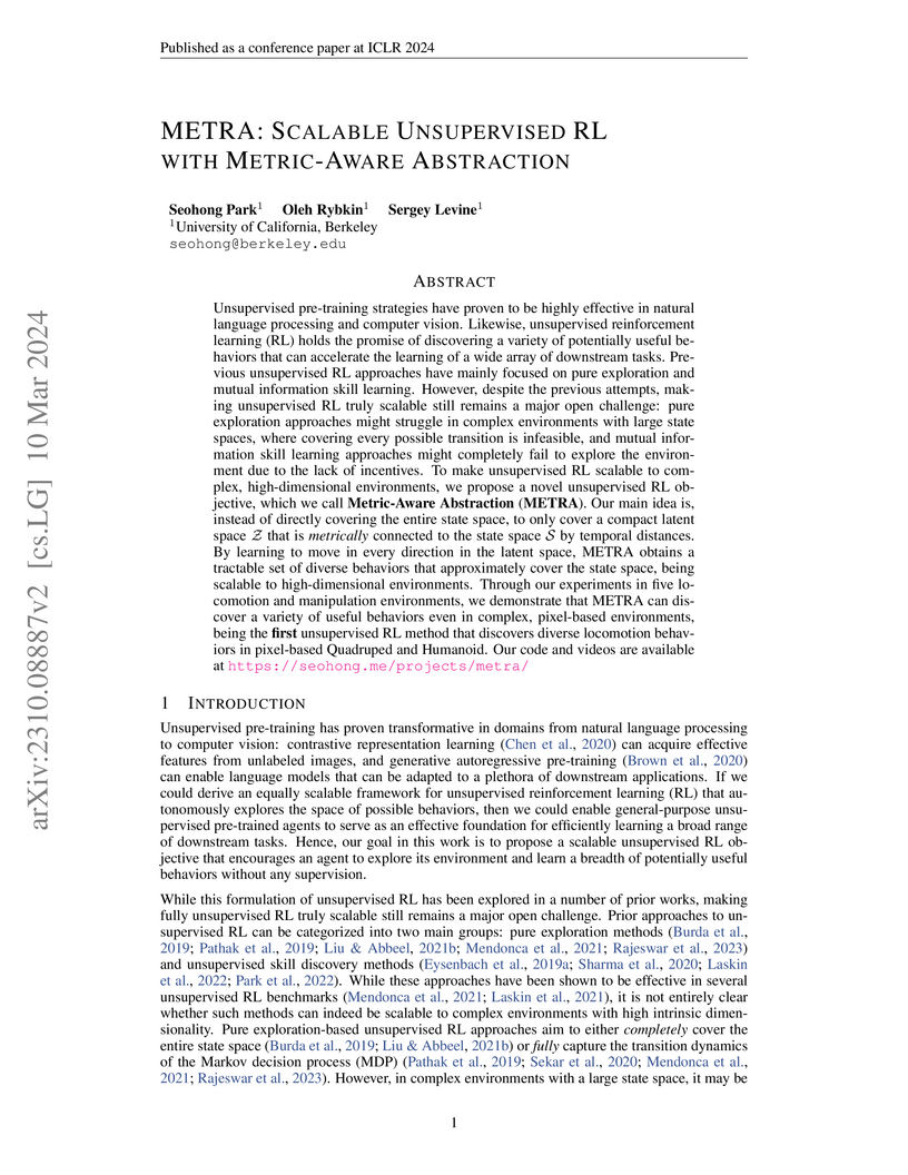 METRA: Scalable Unsupervised RL with Metric-Aware Abstraction | alphaXiv