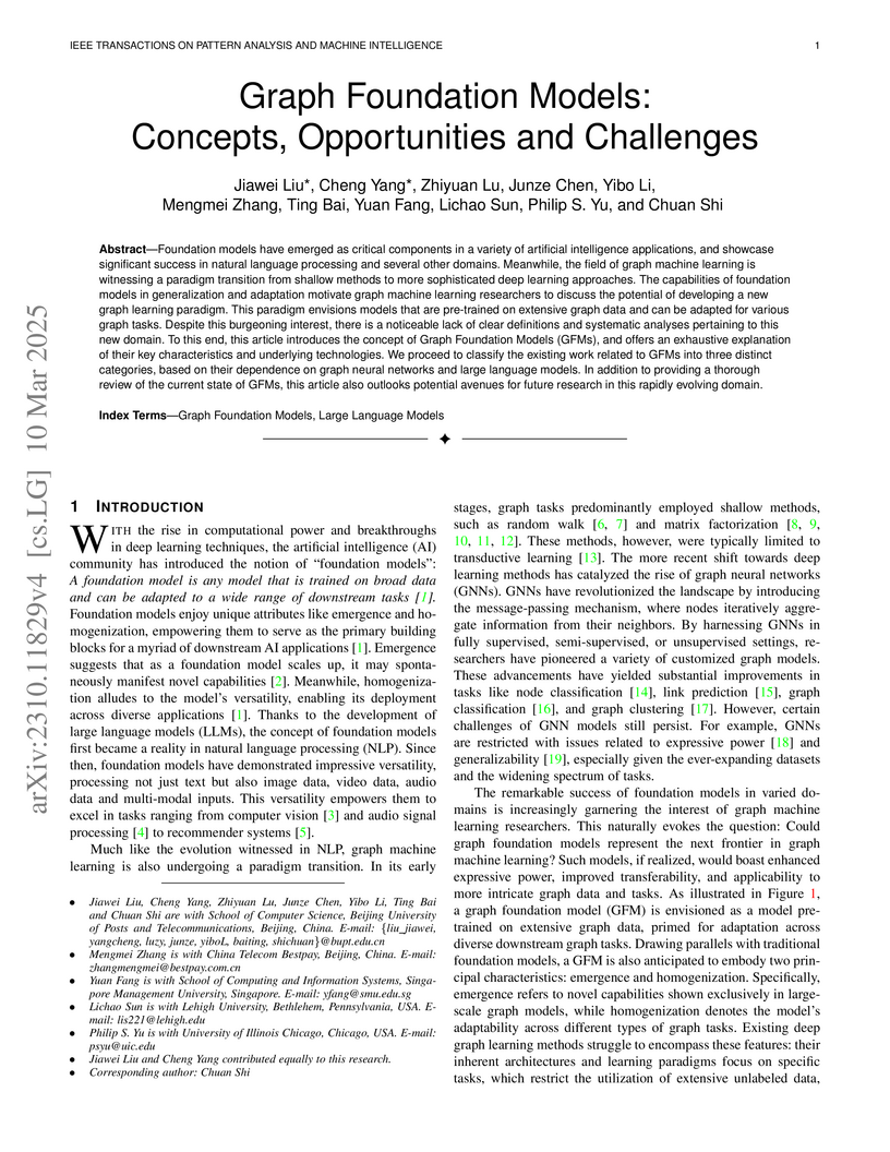 Graph Foundation Models: Concepts, Opportunities and Challenges | alphaXiv
