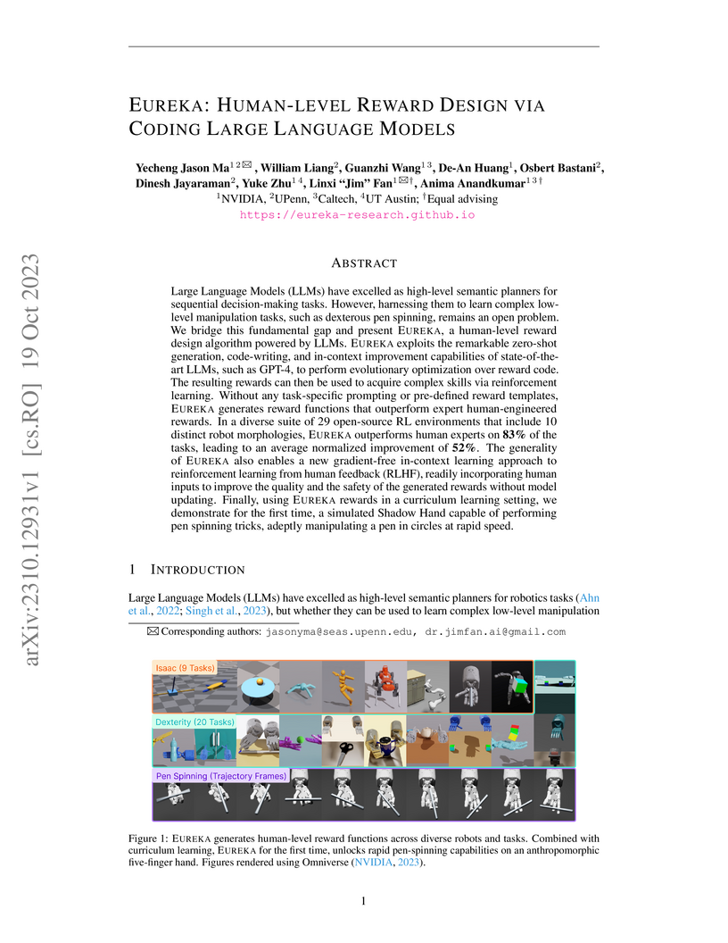 Eureka: Human-Level Reward Design via Coding Large Language Models | alphaXiv