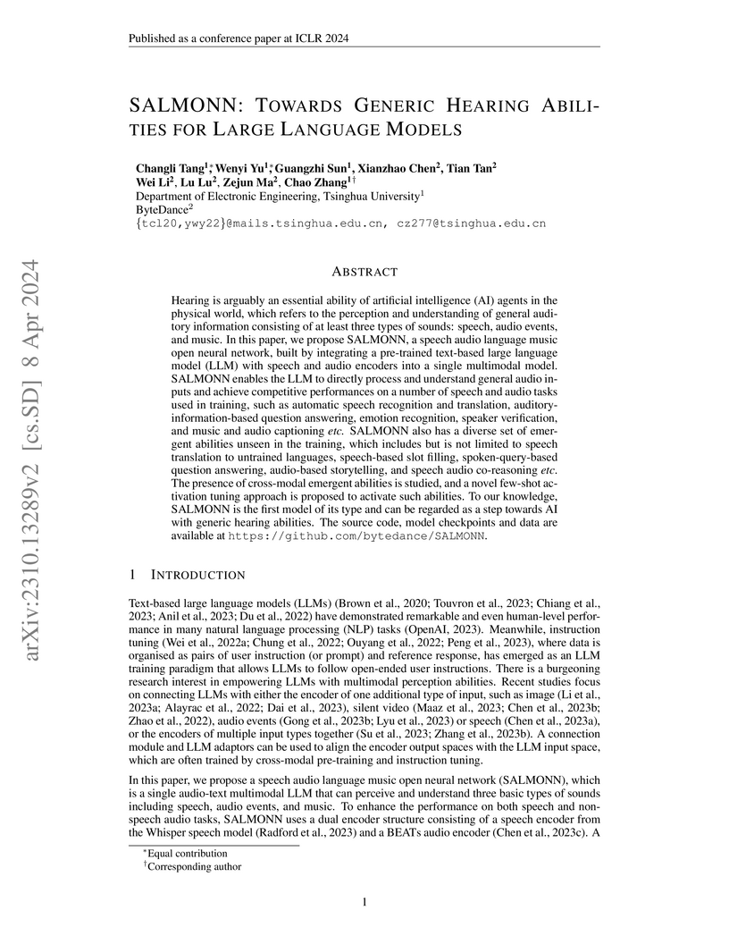 SALMONN: Towards Generic Hearing Abilities for Large Language Models | alphaXiv