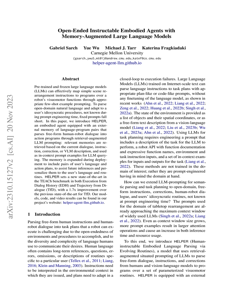 Open-Ended Instructable Embodied Agents with Memory-Augmented Large Language Models | alphaXiv