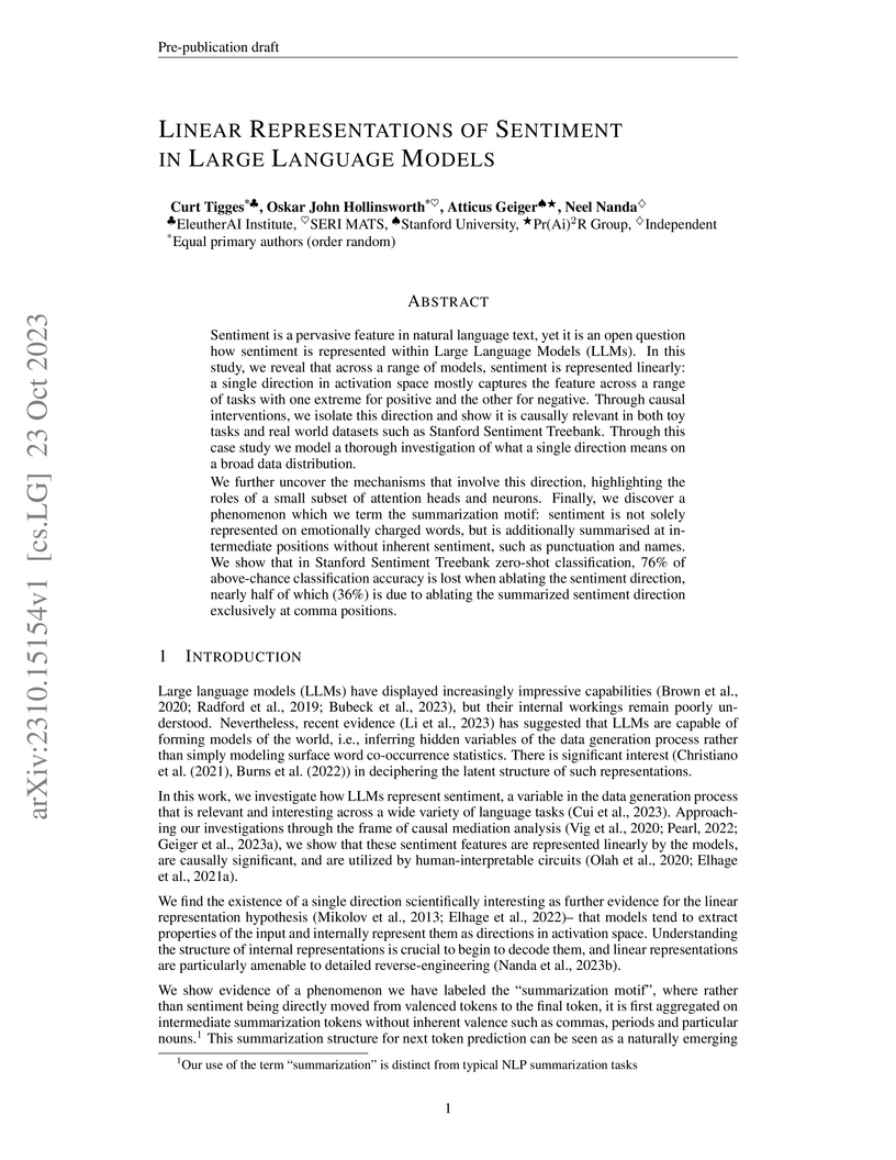 Linear Representations of Sentiment in Large Language Models | alphaXiv