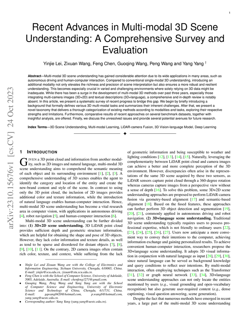 Recent Advances in Multi-modal 3D Scene Understanding: A Comprehensive Survey and Evaluation ...