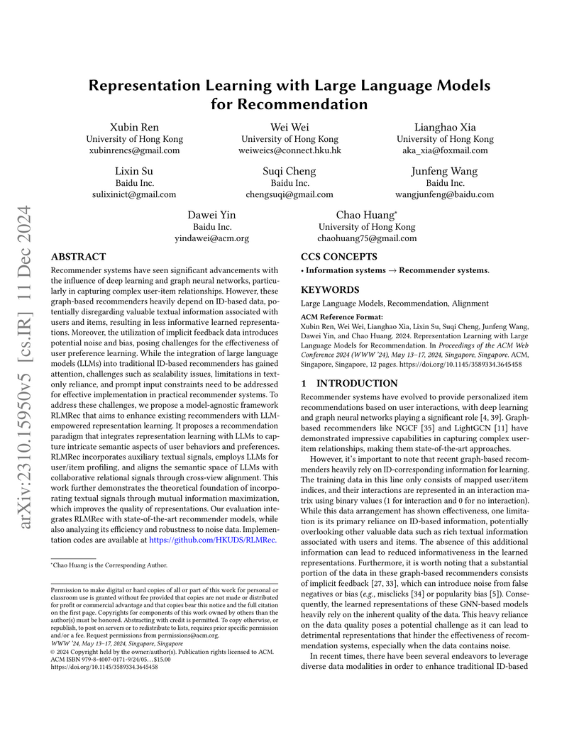 Representation Learning with Large Language Models for Recommendation | alphaXiv