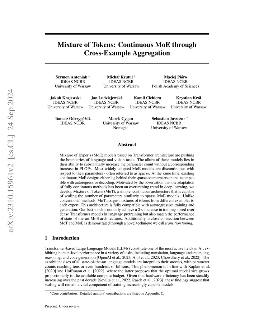 Mixture of Tokens: Continuous MoE through Cross-Example Aggregation | alphaXiv